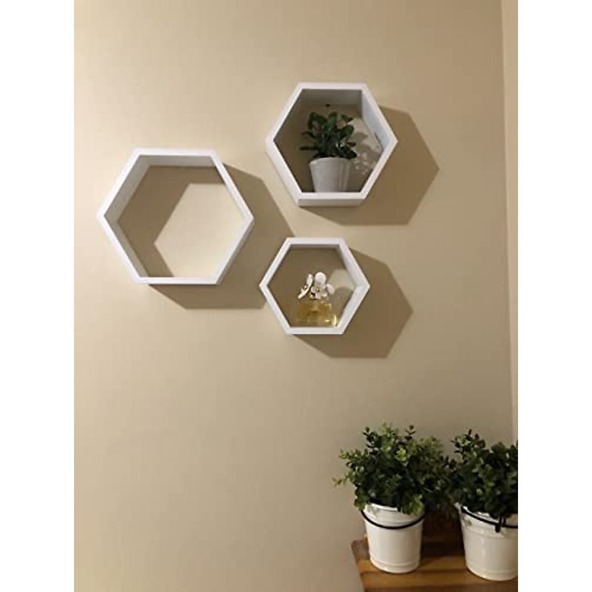ZGZD White Floating Shelves Hexagon Wall Organizers Display Hanging Shelf for Room, Kitchen, Office, Set of 3