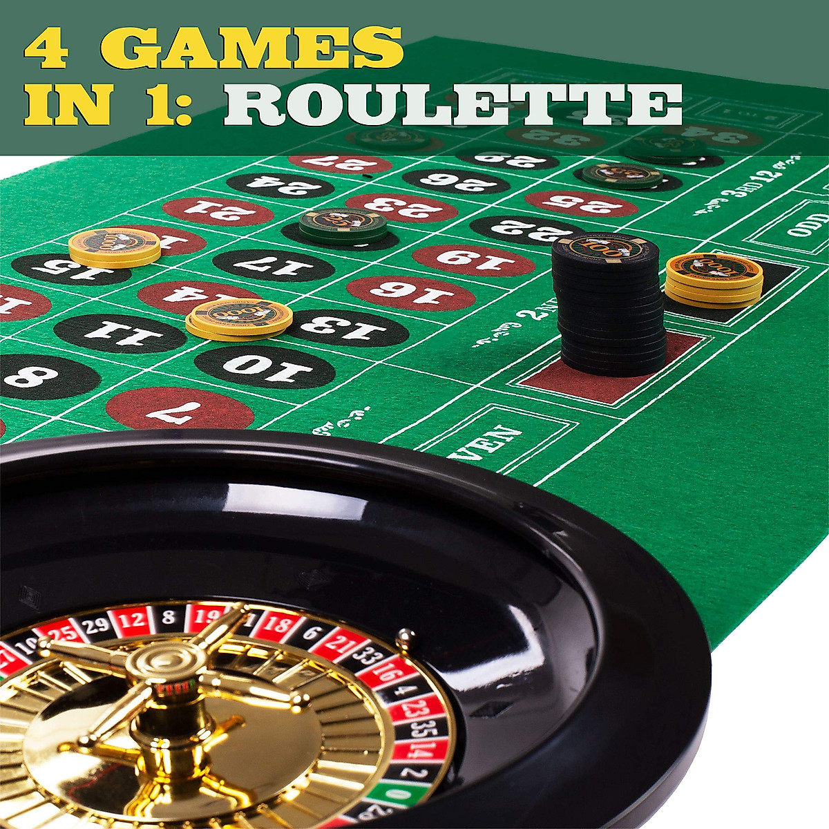 Brybelly Casino Night 4-in-1 Complete Game Set with Felts, Wheel, 100 Chips, Dice & Cards for Blackjack, Craps, Roulette & Texas Hold'em - Green Felt Double Sided Casino Tabletop Gaming Mat