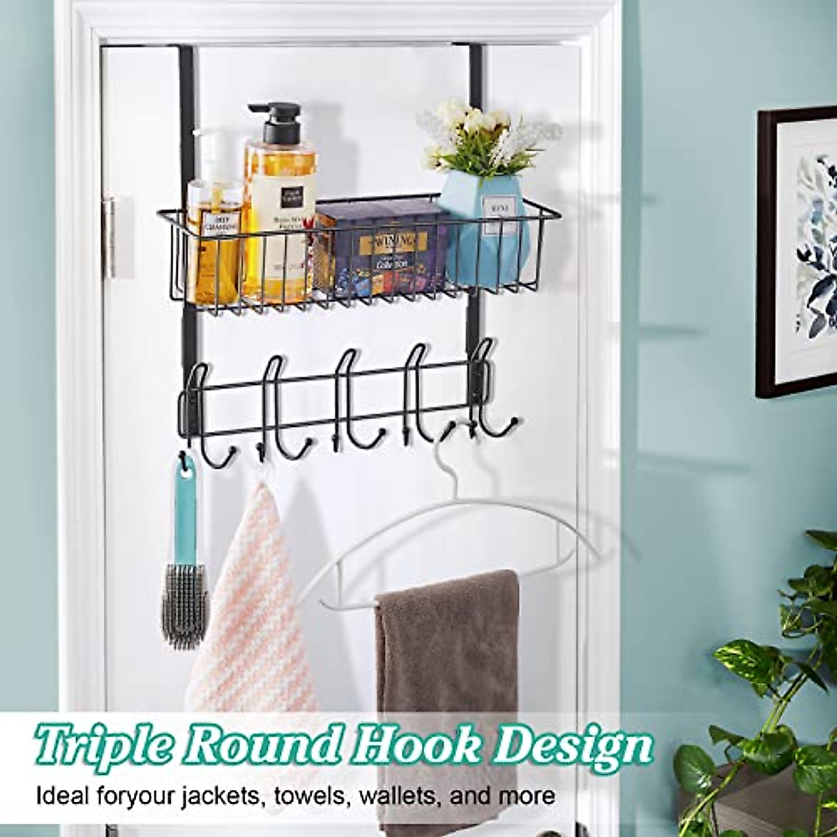 OUTNILI Over The Door Organizer Bathroom - Over Door Hanger Towel Rack with 15 Hooks & 1 Basket - Black Rustproof & Waterproof Stainless Steel Door Organizer for Bathroom Kitchen Bedroom Accessories