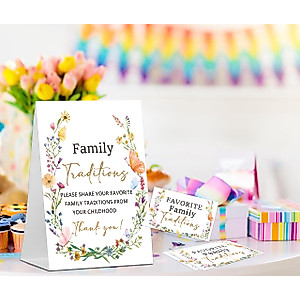 Baby Shower Games Family Traditions Sign, 1 Standing Sign and 50 Cards, Boho Floral Gender Neutral Decoration, Gender Reveal Party, Bridal Shower Favor Supplies-LT26