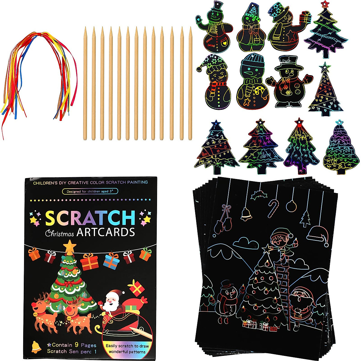 OPUHOHR Christmas Scratch Paper Art Set, Rainbow Scratch Off Notebooks Arts Crafts Supplies Set, Christmas Tree Snowman Scratch Paper Card for Kids DIY Christmas Gift Birthday Card