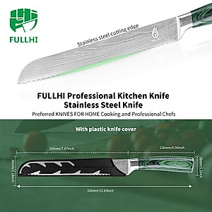 FULLHI Bread Knives, Multi-Color 8-Inch Japanese Knife with Sheath 2pcs, Cake Knife Stainless Steel Kitchen Knife with Guard (Green Wood)