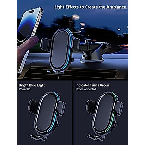 Wireless Car Charger, UGDLUCK 15W Fast Charging Car Charger Mount with Colored Lights Dashboard Windshield Air Vent Car Phone Holder fit for iPhone 14 13 12 11 Pro Max,Samsung Galaxy S23 S22 S21,etc