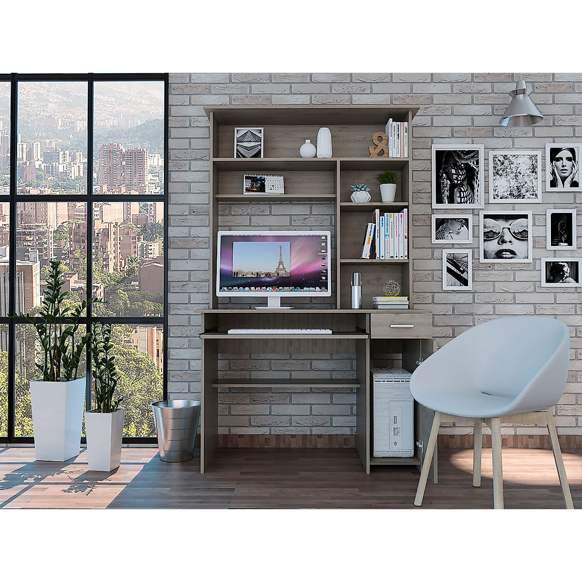 Bellemave Computer Desk with Hutch and Keyboard Tray, Home Office Desks with Drawers and Storage Shelves, Writing Study Desk Table, Modern Compact Workstation, Oak