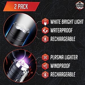 Practical Survival LED Emergency Tactical Flashlight Plasma Lighter Combo, 2-Pack, Water Resistant, Wind Resistant, Rechargeable, Compact, 2-In-1 Tool, White