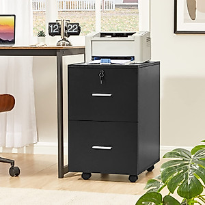 GreenForest File Cabinet 2 Drawers Wooden Vertical Filing Cabinet with Lock Rolling Mobile Office Pedestal File Cabinet for Hanging File Folders Home Office Storage Cabinet, Black