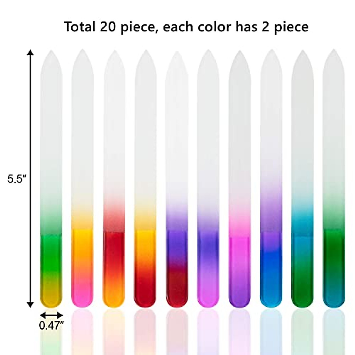 EAONE 20 Pieces Glass Nail File, Crystal Nail File Double Sided Etched Filing Surface Finger Nail Files, Professional Mix Gradients Colors Manicure Nail Care, 10 Color,Bulk Gift Mothers Day Gifts