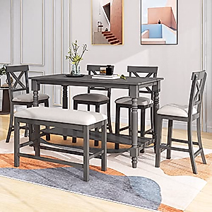 WOZNLA 6-Piece Counter Height Dining Set - Rectangular Wood Table with Shelf, 4 Upholstered Chairs, 1 Bench - Ideal for Kitchen and Family Dining