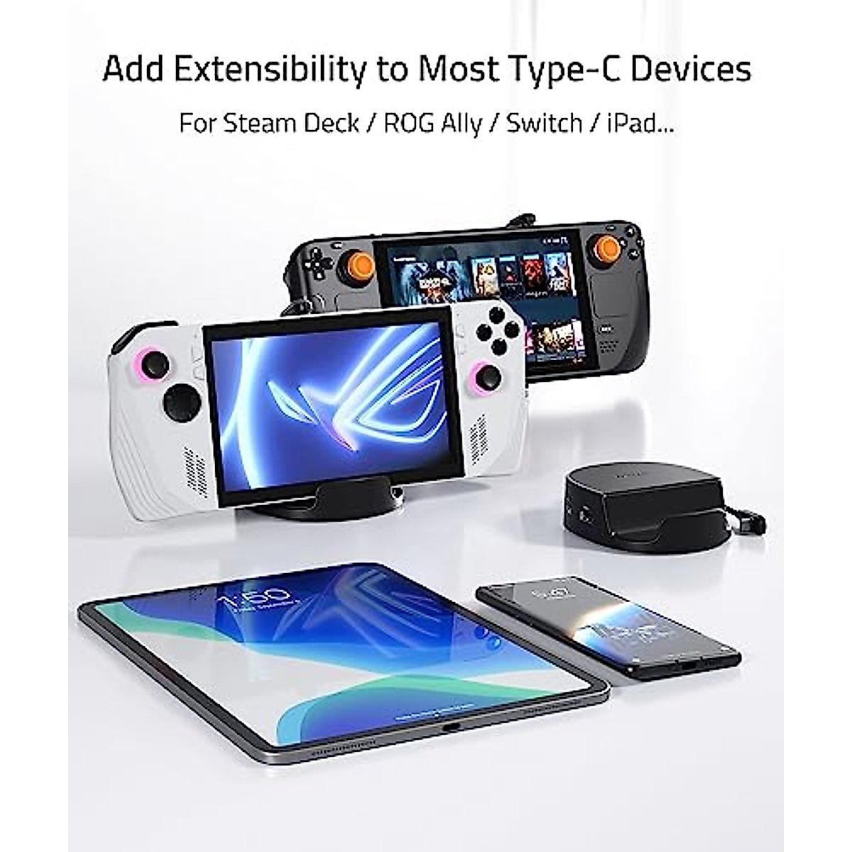 Syntech Mini Dock Perfect Compatibility with Steam Deck and ROG Ally, 6-in-1 Docking Station Featuring HDMI 2.0 4K@60Hz, Gigabit Ethernet, 3 x USB 3.0, PD Charging Doc, Enhanced Stability Round Stand