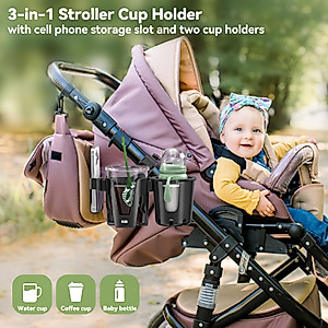 KDD Stroller Cup Holder with Phone Holder, 3-in-1 Removable Bottle Holder, 360 Degrees Rotation Drink Holder for Wheelchair, Stroller, Bike, Walker, Scooter, Bicycle, Uppababy, Nuna, Bugaboo, Doona