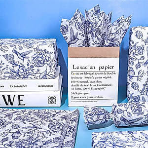 Whaline 100 Sheets Blue White Floral Tissue Paper Chinoiserie Flower Bird Gift Wrapping Paper DIY Art Craft Tissue Paper for Packaging Wedding Birthday Baby Shower, 13.7 x 19.6 Inch