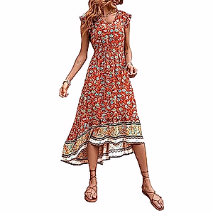 PRETTYGARDEN Long Dress for Women Cap Sleeves V Neck Summer Floral Beach Maxi Dresses Red