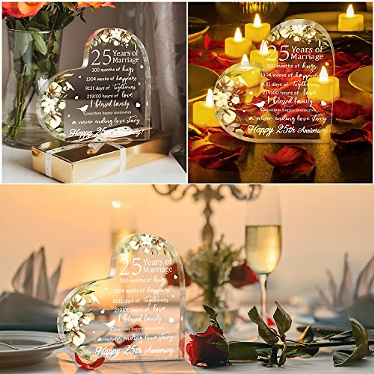 Wedding Gift for Her Years of Marriage Gift for Women Acrylic Heart Marriage Keepsake for Wife Husband Girlfriend Boyfriend (25th Style)