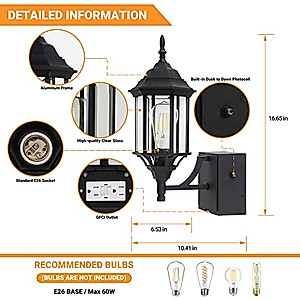 Dusk to Dawn Sensor Outdoor Wall Lantern with Built-in GFCI Outlet, Black Porch Lights Outdoor Wall, Anti-Rust Exterior Light Fixture, Waterproof Outside Wall Sconce Lighting for Garage Front Door