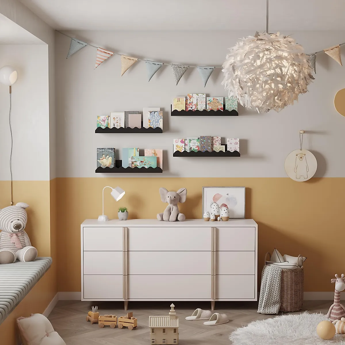 Kids' Bookshelf Set of 4 - Black Floating Nursery Book Shelves, Picture Ledge Shelf for Wall Decor and Storage - Perfect for Books, Toys, Photo Frames, and Nursery Décor