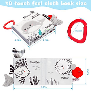 Crinkle Soft Baby Books 0-6 Months, 3D Touch Feel High Contrast Cloth Book Sensory Baby Toys 0-6-12 Months, Early Learning Stroller Toys for Infants Toddler Gifts Toy, Marine Jungle Tails