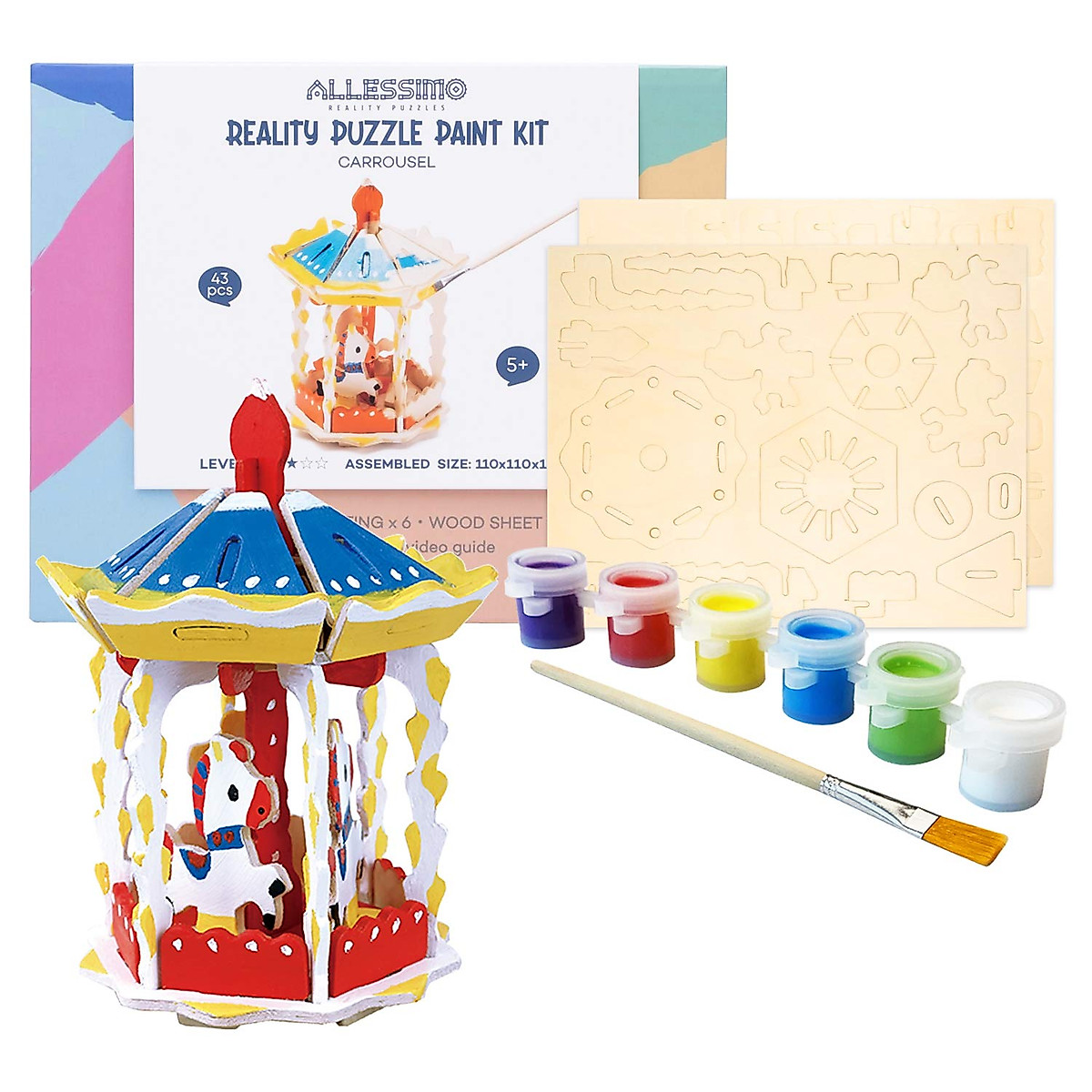 Allessimo 3D Paint Creat Puzzle (Carousel - 43pcs) Model Paint Kit with Brush Toys for Kids Puzzle Build 3D Puzzles Educational Crafts Building DIY