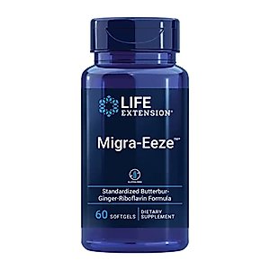 Life Extension Migra-Eeze - Butterbur Root Extract with Vitamin B2 (Riboflavin) & Ginger Supplement - Formula to Ease Head Discomfort - Gluten-Free — 60 Softgels