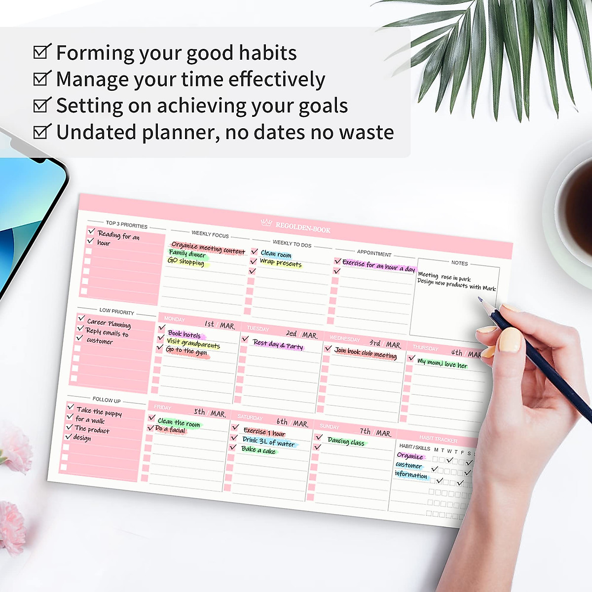 Weekly Planner Notepad Undated Weekly Goals Schedule Planner To Do List Notebook Tear Off Planning Pad Calendars Organizers Habit Tracker Journal for Man & Women,52 Weeks Pink (7x10")