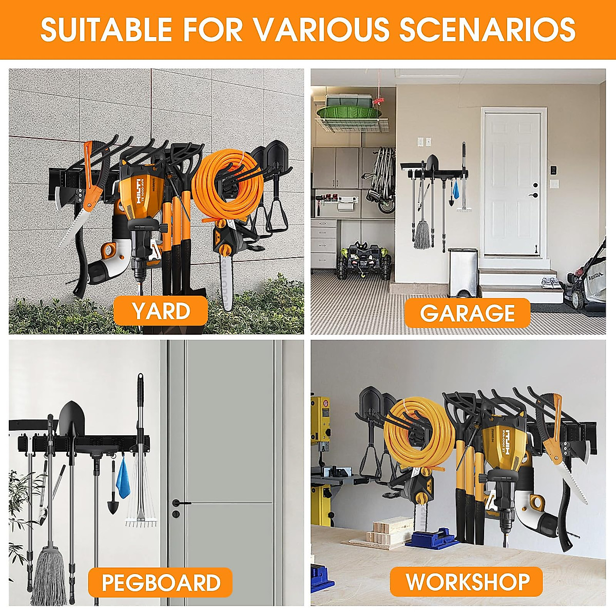 Garage Organization,Garage Tool Organizer with 6 Removable Hooks and 3Rails,Yard Tool Organizer For Garage 48 Inch,Tool Storage Organizer for Ski Gears, Chair, Broom, Mop, Rake Shovel Yard Tools