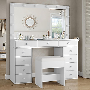 Yanosaku Vanity Desk & Power Outl, Makeup Vanity with Mirror and 12 LED Lights, Makeup Table with 11 Drawers, Vanity Table with Chair，Vanity Set 3 Lighting Modes Brightness Adjustable-(White)