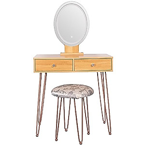 Forsho Dress Table Makeup Table White Vanity Set with 3-Color Dimmable Lighted Mirror Makeup Desk with 2 Drawers and Yellow Padded Stool