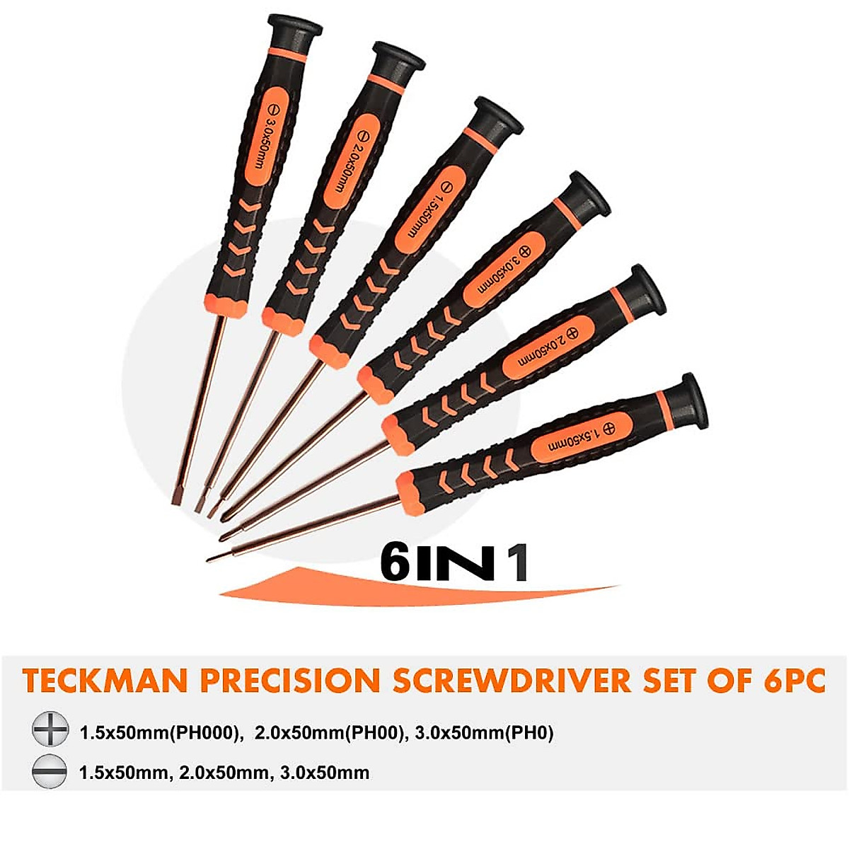 Precision Screwdriver Set of 6, TECKMAN Phillips and Flathead Screwdriver Set with Magnetic Tips and Non-Skid Handle,Small Repair Tool Kit for Eyeglasses/iPhone/Computer/Jewelry/Watch/Electronics