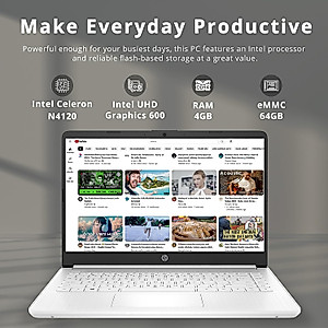 HP 2023 Premium 14" Stream HD Laptop, Intel Celeron N4120 CPU, 4GB RAM, 64GB eMMC, Webcam, UHD Graphics, Bluetooth, WiFi, HDMI, 1 Year Office 365, Win 11s, White, 32GB Hotface USB Card