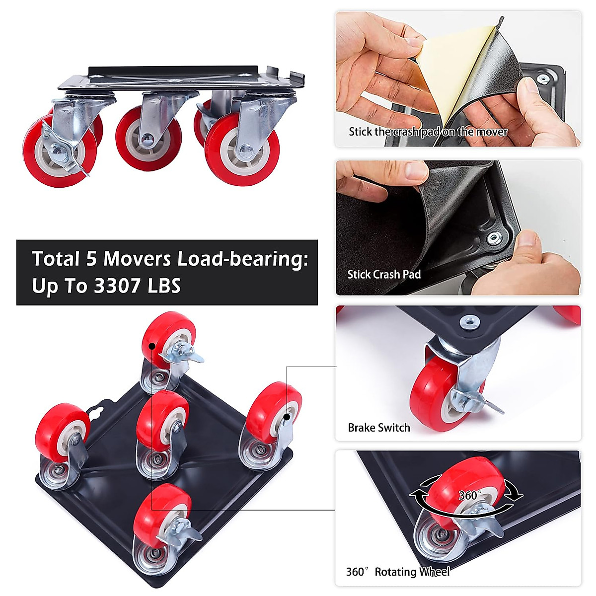 LOYAL TIGER Furniture Dolly,Furniture Mover Pro Set,Furniture Lifter with 5 360° Rotatable Rubber Universal Wheels，Carbon Steel Panel Furniture Movers，Maximum Load 2204LBS,Red.