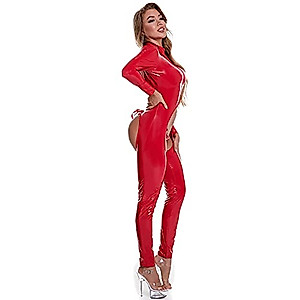 ACSUSS Women Sexy Hollow Out Latex Catsuit PVC Exotic Costume Lingerie Full Bodysuit Clubwear Overalls 2# Red 3X-Large