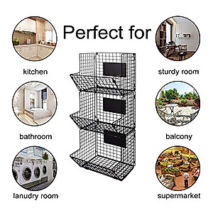 X-cosrack Metal Wire Basket Wall Mount, 3 Tier Wall Storage Basket Organizer with Hanging Hooks Chalkboards, Rustic Kitchen Fruit Produce Bin Rack Bathroom Tower Baskets (Black)