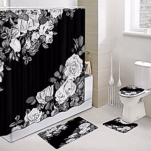 Jipusai Black and White Rose Shower Curtain Sets for Bathroom, White Gray Blossom Floral Bath Curatin Sets with Non-Slip Rugs, Toilet Lid Cover and Bath Mat