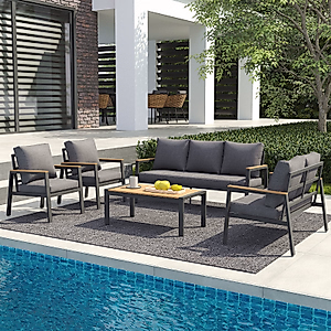JOIVI Aluminum Patio Furniture Set 5 Pieces Outdoor Conversation Set with Teak Coffee Table & Cushions, Outdoor Patio Furniture Sectional Patio Sofa Outside Furniture for Deck, Backyard, Gray
