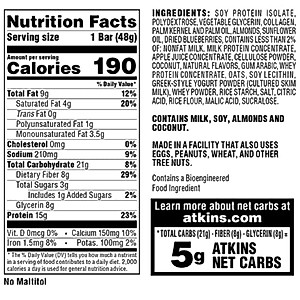 Atkins Blueberry Greek Yogurt Protein Meal Bar, High Fiber, 15g Protein, 3g Sugar, 5g Net Carbs, Meal Replacement, Keto Friendly, 5 Count