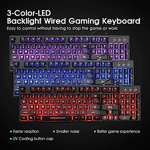 Rii Gaming Keyboard and Mouse Set, 3-LED Backlit Mechanical Feel Business Office Keyboard Colorful Breathing Backlit Gaming Mouse for Working or Primer Gaming,Office Device (RK108)