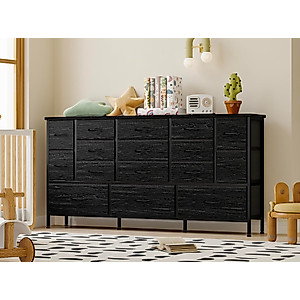 Fixwal 63.3 Inch Large Black Dresser for Bedroom, 16 Drawer Dresser, Long TV Stand for 55, 65, 70 Inch TV with Power Outlets, Fabric Chest of Drawers for Bedroom, Living Room, Entryway, Black