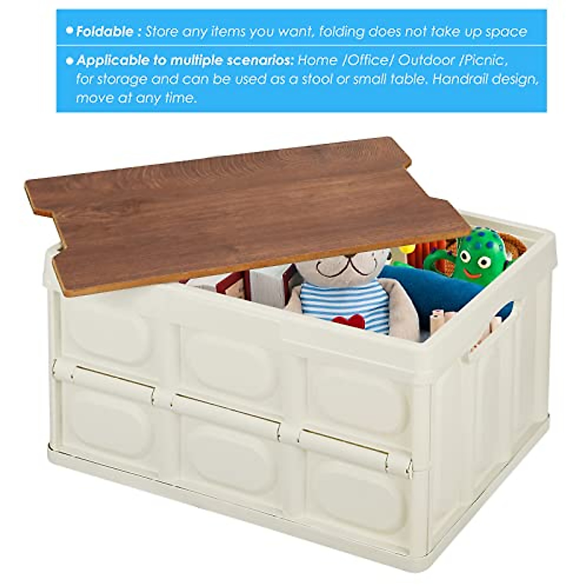 Folding Storage Bin with MDF Lid, 30L Storage Box Container Stackable Shelf Baskets Cloth Closet Car Organizers Outdoor Picnic Transport Box Toy Clothes Books Holder Plastic Collapsible Tote Crate