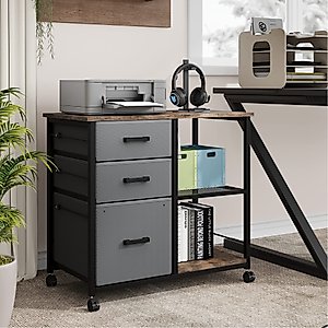 IDEALHOUSE Lateral File Cabinet with 3 Drawer, Mobile Filing Cabinet Rolling Printer Stand Fits A4 or Letter Size, Lateral Filing Cabinet with Wheels, Under Desk Storage Cabinet for Home Office, Grey