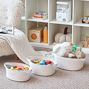 R RUNKA White Storage Basket Set of 3, Soft Woven Cotton Rope Shelf Baskets with Handles,Organizer Basket Sets for Laundry, Toys, Books and Towels