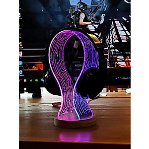 YuanDian Headphone Stand, Walnut Wood Headset Holder with Blue Pink LED Night Light for Gamers, Men, and Music Lovers - Perfect Desk Gift Idea