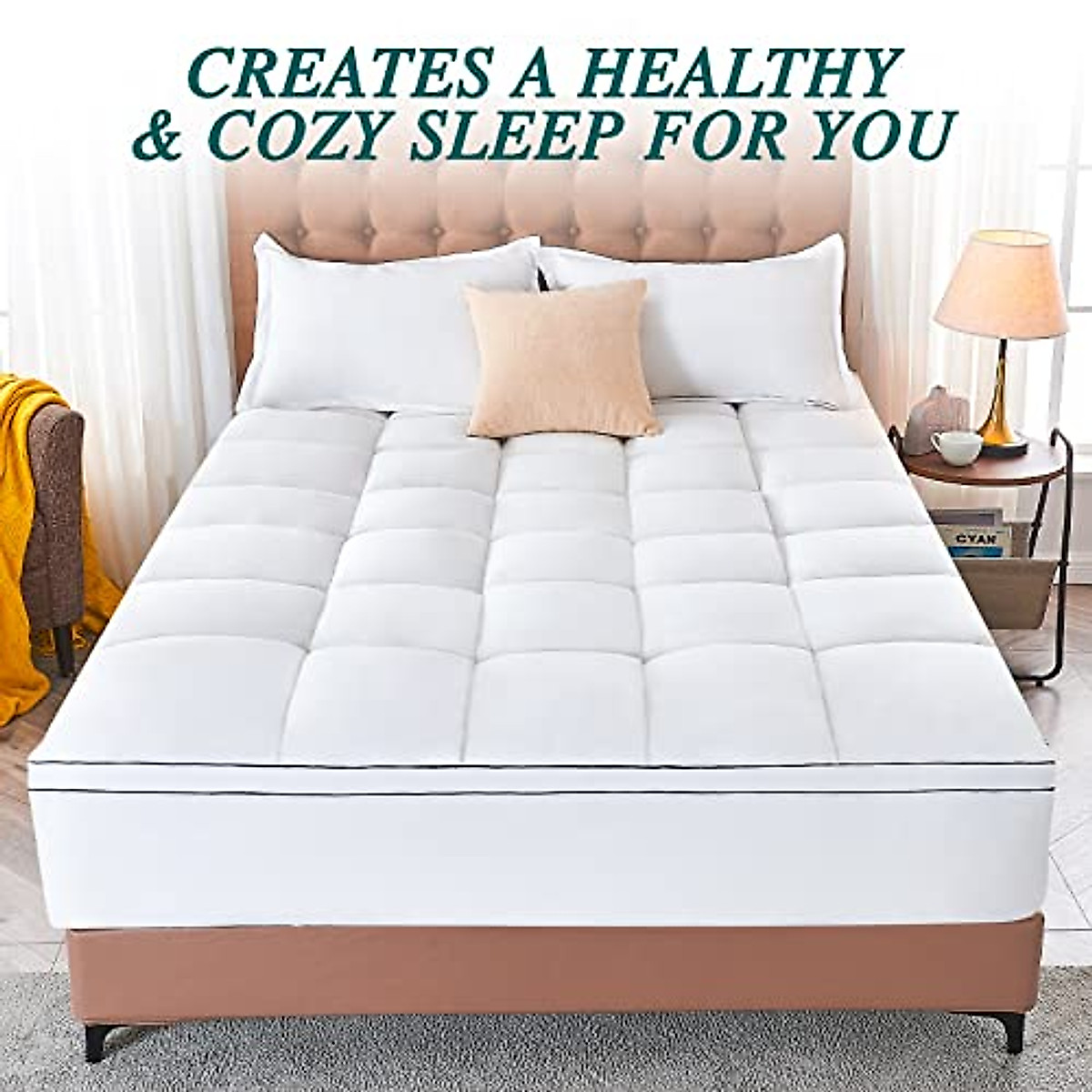 CYMULA Mattress Topper Queen, Cooling Mattress Pad Cover, Extra Thick Pillow Top Mattress Topper with 8-21 Inch Elasticated Deep Pockets, Plush Down Alternative Fill Mattress Protector