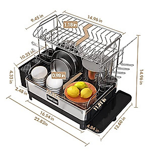 romision Dish Rack and Drainboard Set, 304 Stainless Steel 2 Tier Large Dish Drying Rack with Swivel Spout, Dish Strainer for Kitchen Counter with Utensil Holder, Cup Rack, Water Tray