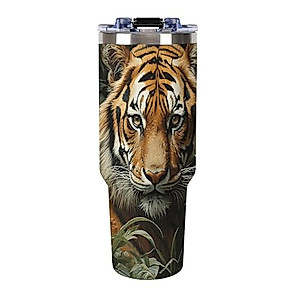 STVNKML 40 Oz Tumbler with Handle Jungle Tiger Stainless Steel Coffee Mug Reusable Travel Mug Leak-proof Insulated Car Cup Large Capacity Tumbler for Travel, Outdoor, Home Use (Black)