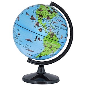 TCP Global 6" World Globe with Wildlife Animals of the World - Zoo, Blue Oceans, Vertical Axis Rotation - Educational Map, Learn Earth's Geography - School, Home Office, Shelf Desktop Display