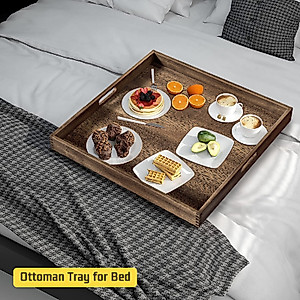 Nunemosk 24”x24” Extra Large Square Black Walnut Wood Ottoman Tray with Handles, Serve Tea, Coffee or Breakfast in Bed, Including 4 Walnut Coasters