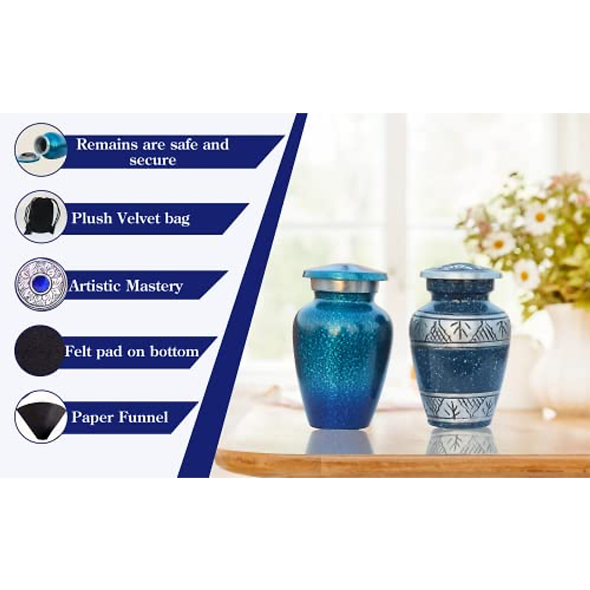 THE ASCENT MEMORIAL Blue Small Urns for Human Ashes Female Male | Set of 4 Premium Mini Keepsake Urns with Four Velvet Bags A Paper Funnel and A Stunning Magnet Closer Gift Box