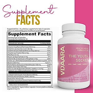 Vdaara Hair, Skin and Nails Vitamins - 5000 mcg Biotin, Collagen, Natural Vitamin C A D3 Hyaluronic Acid - Supplement for Glowing Skin, Hair Growth for Men and Women – 60 Capsules