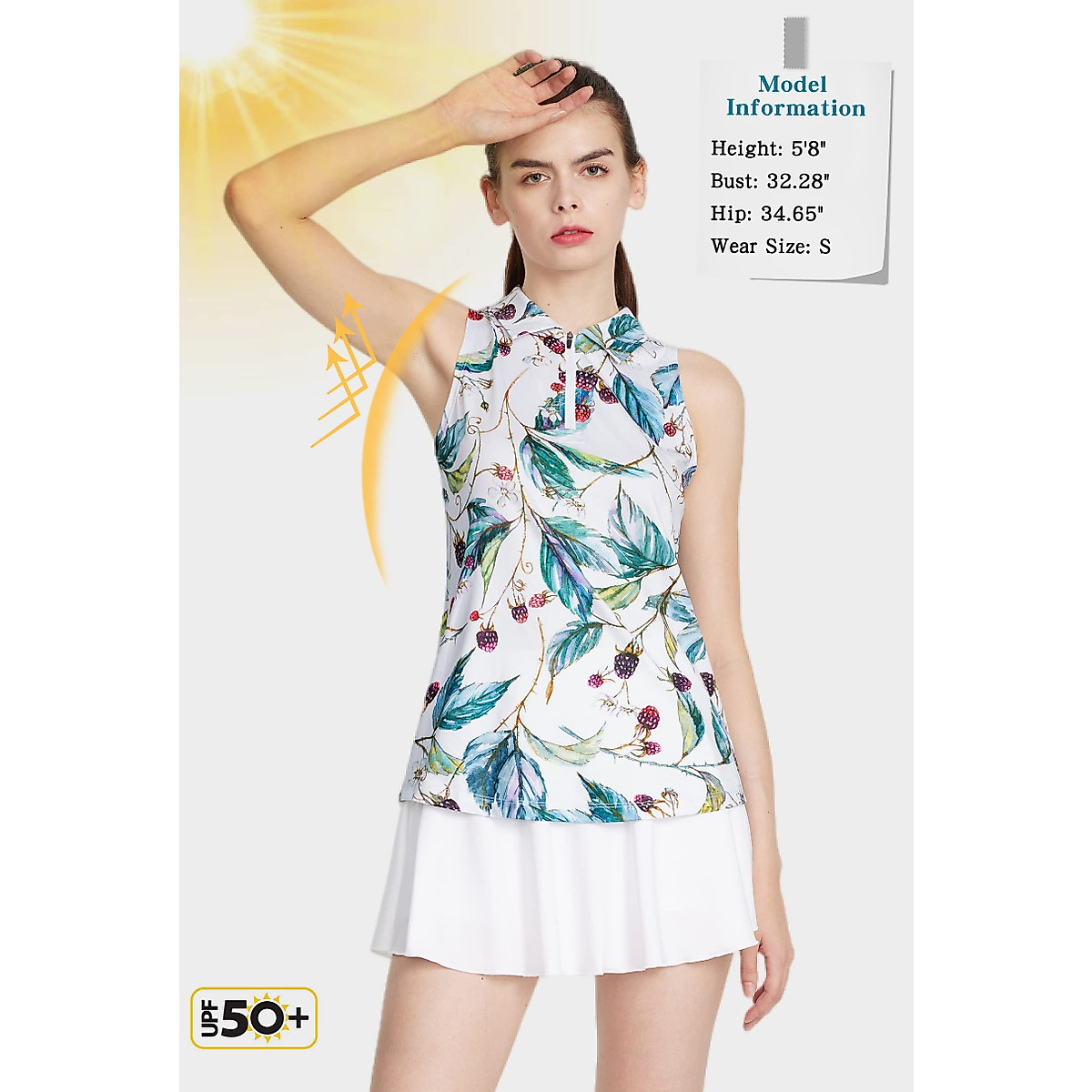 CQC Women's Sleeveless Golf Shirts Quick Dry Floral Athletic Polo with Collar Zip Up Lightweight Tennis Tank Tops Fructus M