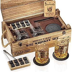 Whiskey Stones Gift Set for Men | Whiskey Glass and Stones Set with Wooden Army Crate, 8 Granite Whiskey Rocks Chilling Stones and 10oz Whiskey Glasses | Whiskey Gift for Men, Dad, Husband, Boyfriend
