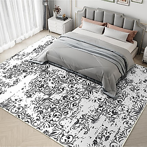 GEMBED Washable Area Rug 5x7 - Soft Non-Slip Floral Area Rug, Non Shedding Low Pile Washable Carpet for Living Room Bedroom Dining Room - Dark Black/White, 5'x7'